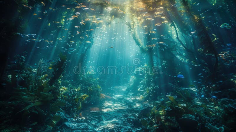 A Deep Blue Ocean with a Path of Light Shining through it Stock ...