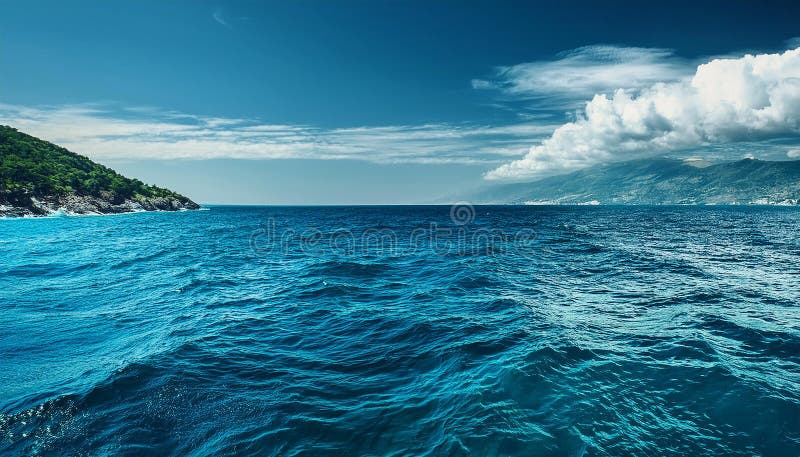Deep Blue Ocean Waves with Distant Horizon, Under a Slightly Cloudy Sky ...