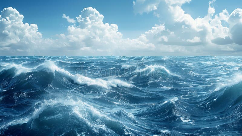 Deep Blue Ocean Waves and Whitecaps, Cloudscape on Horizon, Dramatic ...