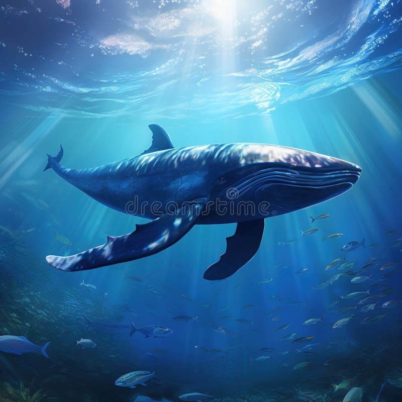 Deep Blue Ocean Blue Whale Viewed from Ocean Floor Looking Up ...