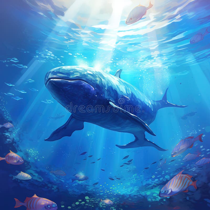 Deep Blue Ocean Blue Whale Viewed from Ocean Floor Looking Up ...