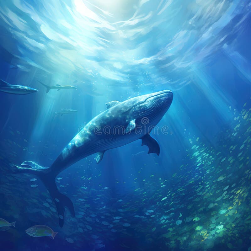 Deep Blue Ocean Blue Whale Viewed from Ocean Floor Looking Up ...
