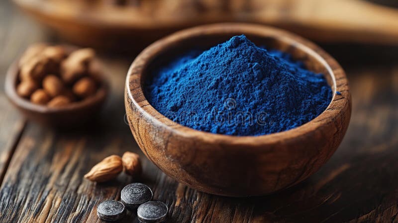 Deep Blue Powder in Wooden Bowl, with Nuts and Other Ingredients Stock ...