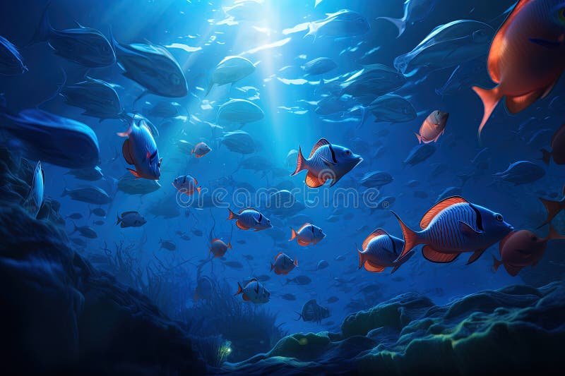 Deep Blue Sea Underwater Scete with a School of Fish Swimming in ...