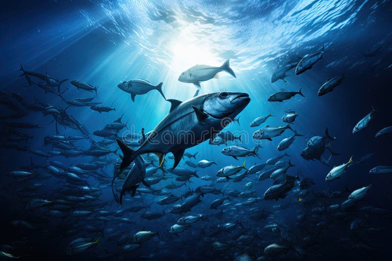 Deep Blue Sea Underwater Scete with a School of Fish Swimming in ...