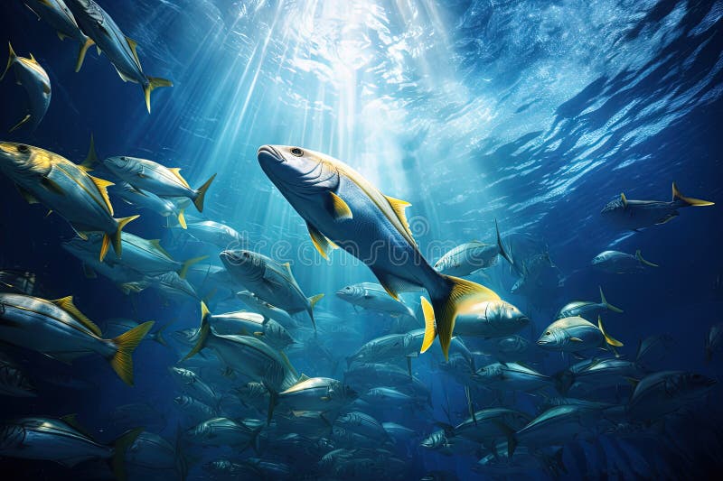 Deep Blue Sea Underwater Scete with a School of Fish Swimming in ...