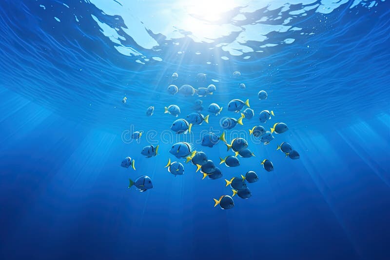 Deep Blue Sea Underwater Scete with a School of Fish Swimming in ...
