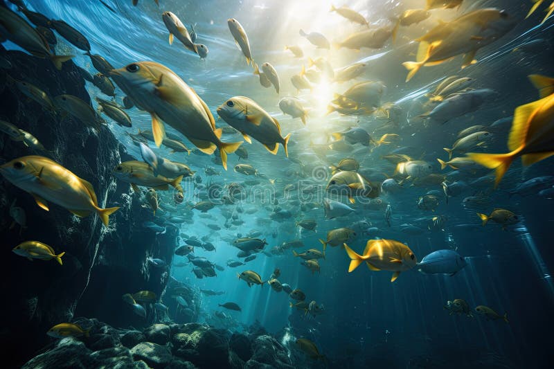 Deep Blue Sea Underwater Scete with a School of Fish Swimming in ...