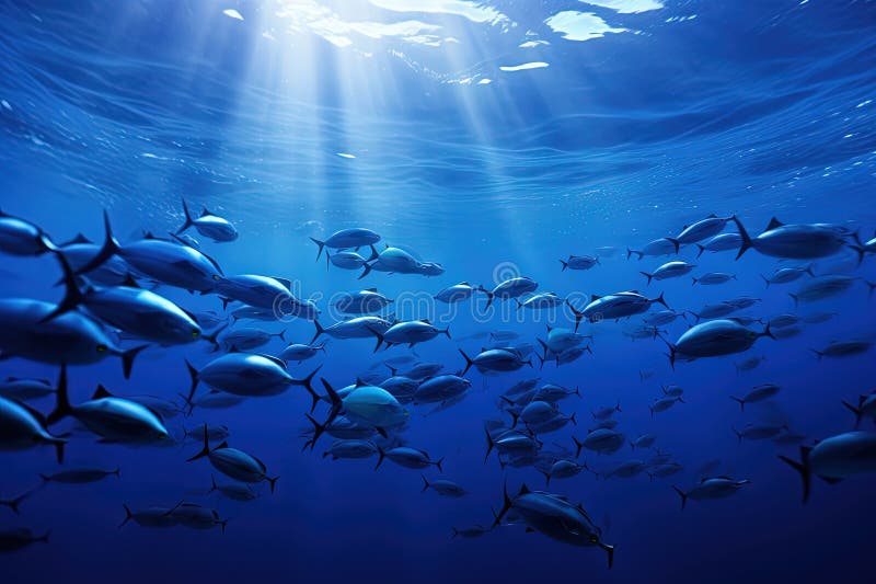 Deep Blue Sea Underwater Scete with a School of Fish Swimming in ...