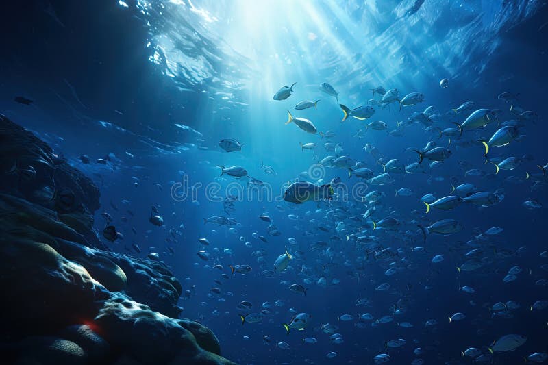 Deep Blue Sea Underwater Scete with a School of Fish Swimming in ...
