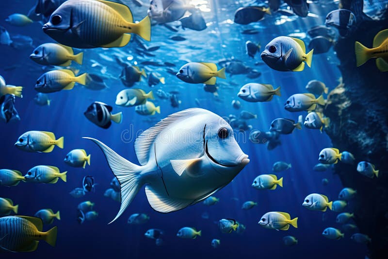 Deep Blue Sea Underwater Scete with a School of Fish Swimming in ...