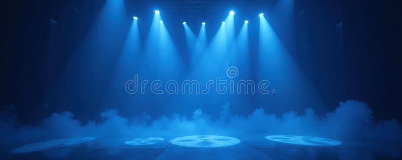 Deep Blue Stage Lights Pierce Swirling Fog, Dramatic Theatrical Effect ...