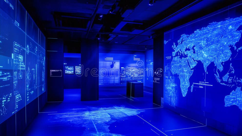 Deep Blue War Room Illuminated with Advanced Displays for Strategic ...