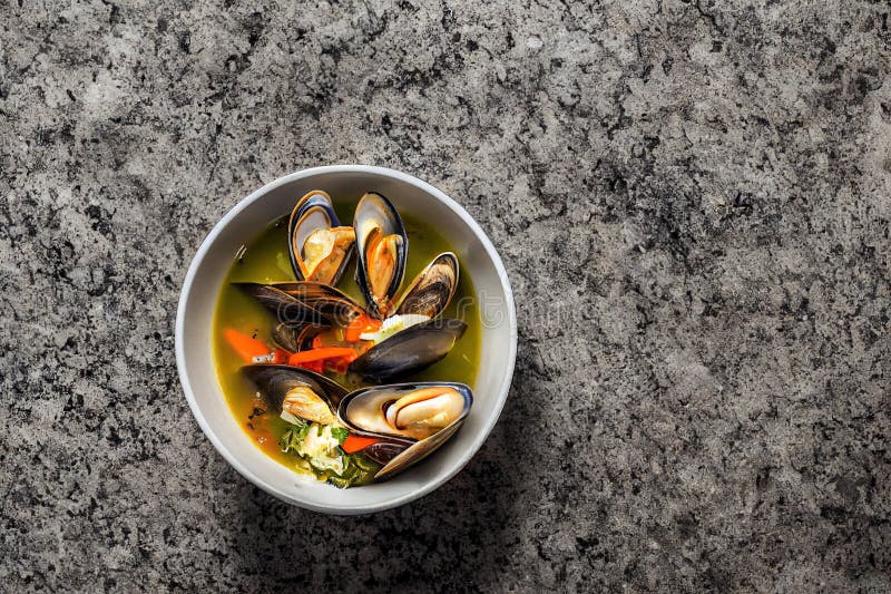 Deep Bowl with Fresh Seafood Soup with Mussels and Addition of Various ...