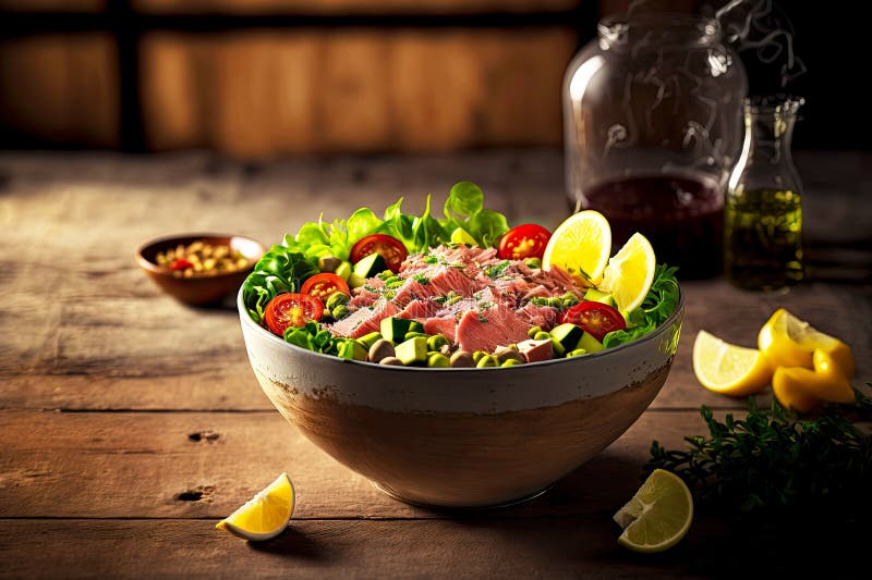 Deep Bowl with Healthy Tuna Salad Standing on Table Stock Illustration ...