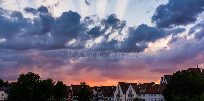 Deep Burning Red Purple Blue Ray Sunset Over German Cottages Ulm Stock ...