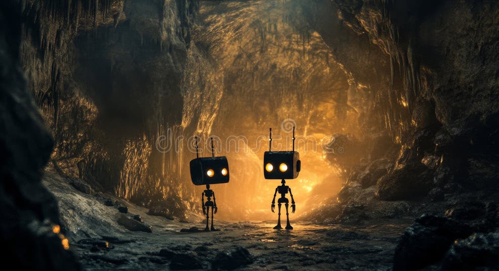 Deep Cave is Being Explored by Two Robot Walkers that Shine Light with ...