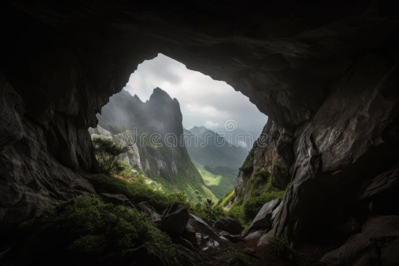 Deep Cave, with View of a Mountain Range, and Clouds Drifting Past ...