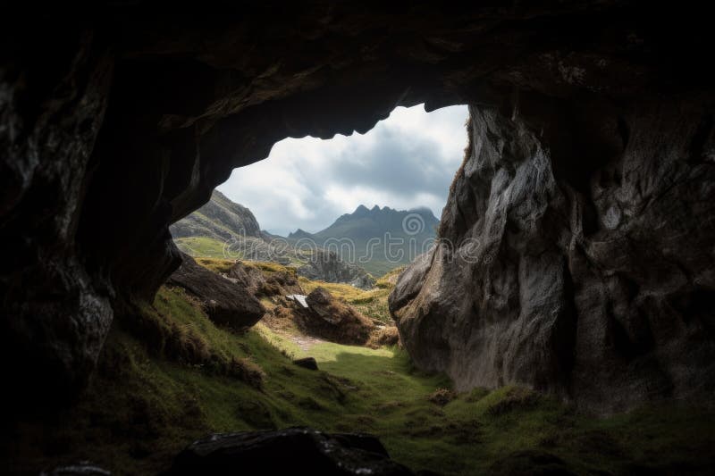 Deep Cave, with View of a Mountain Range, and Clouds Drifting Past ...