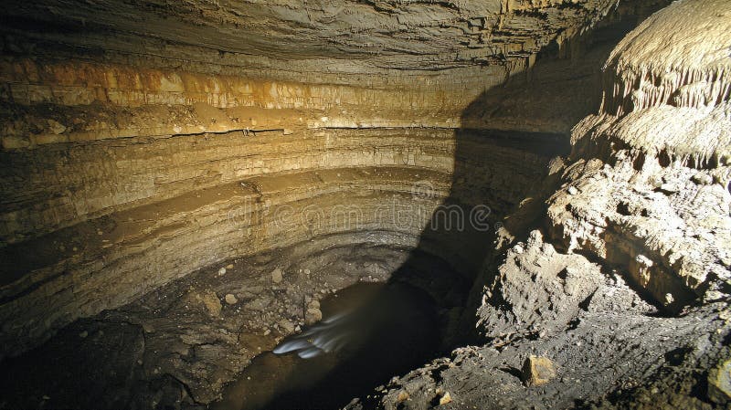 A Deep Cavern with a Pool of Water at the Bottom Stock Image - Image of ...