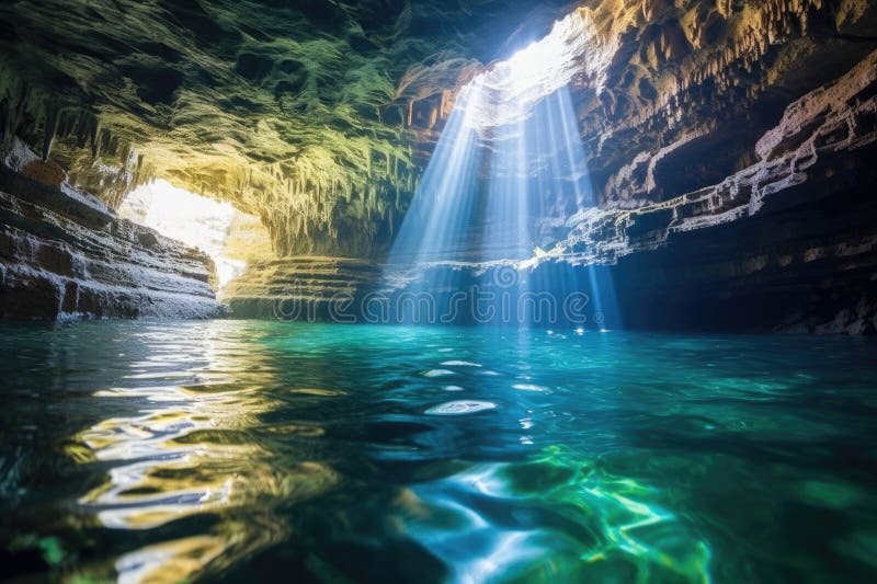 Deep Cavern with Sunlight Shining through the Water Stock Image - Image ...