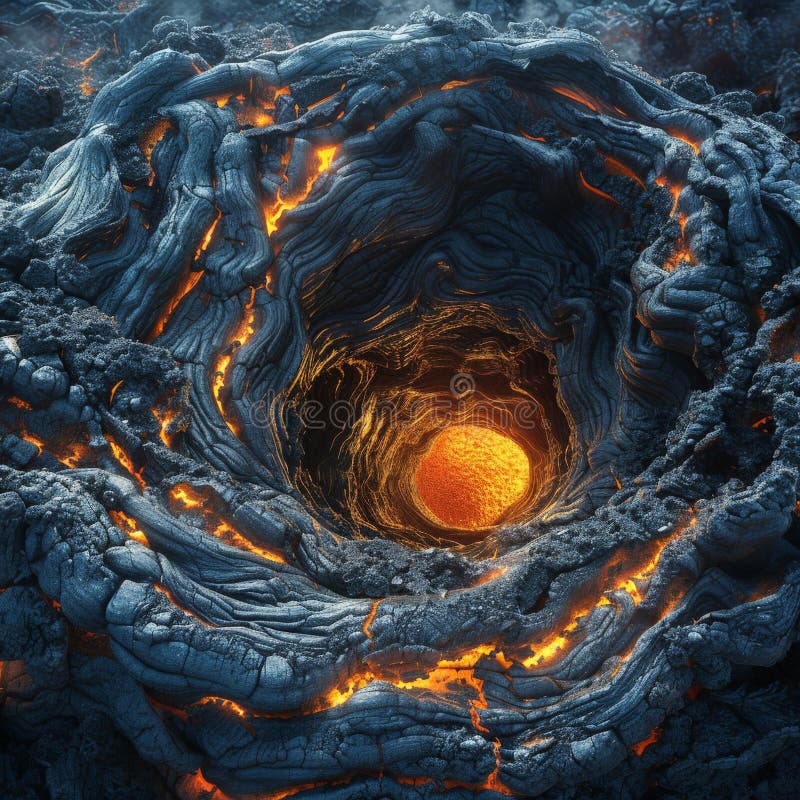 Deep Cavity with Molten Lava, Trees, Clouds, and Starry Sky Stock Photo ...