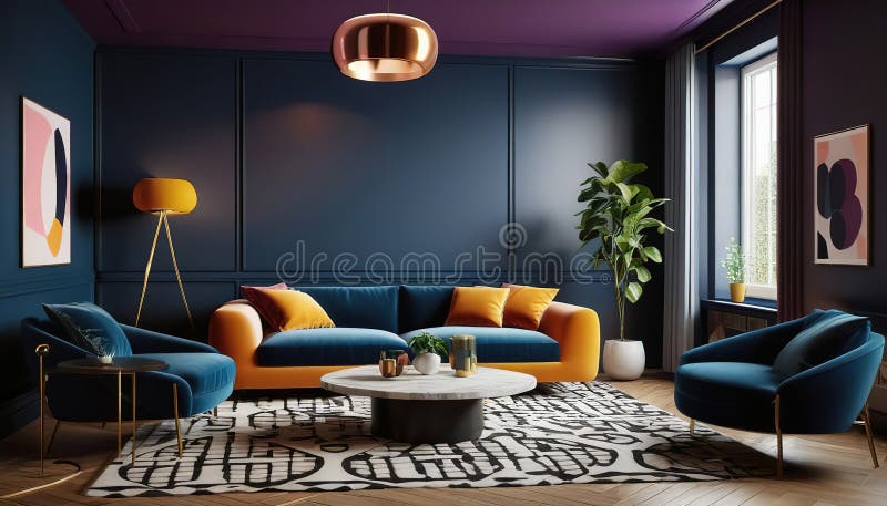 Deep-coloured Design of Living Room. Interior Concept of Memphis Design ...