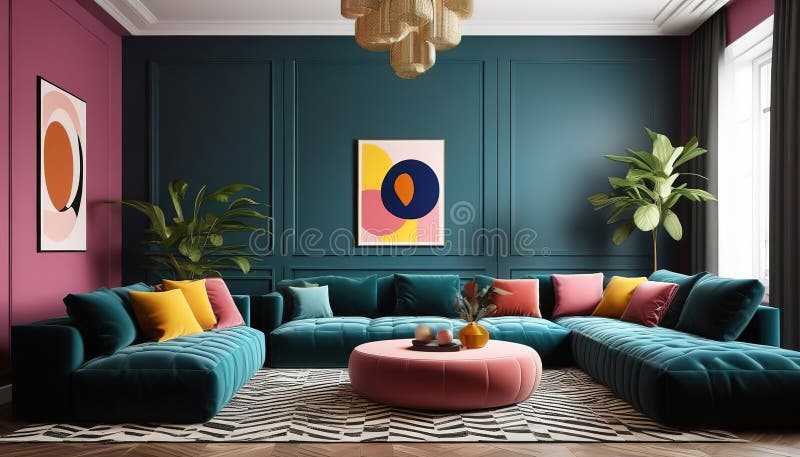 Deep-coloured Design of Living Room. Interior Concept of Memphis Design ...