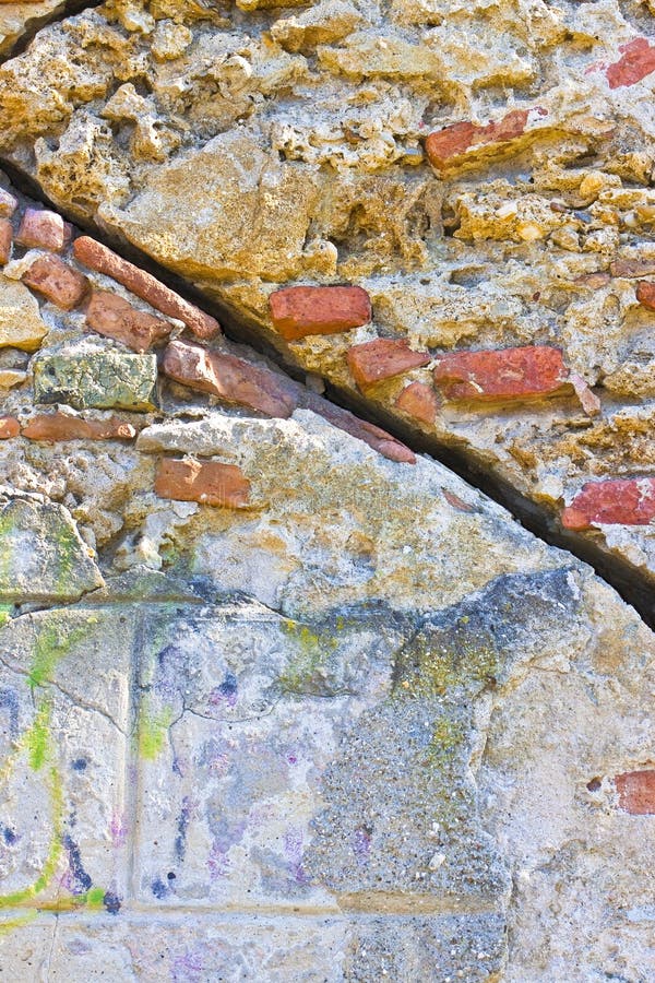 Deep Crack in Old Brick and Stone Wall with Damaged Plaster Stock Photo ...
