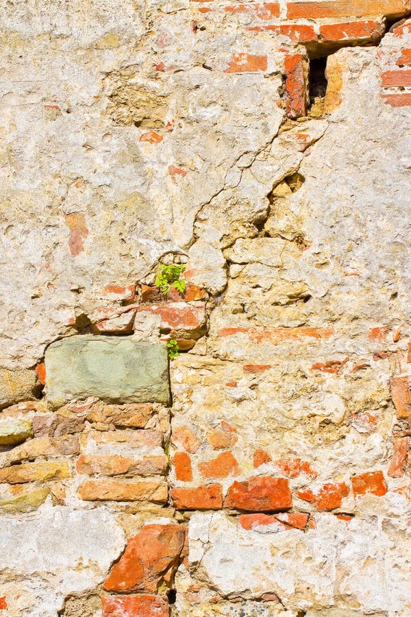 Deep Crack in Old Brick and Stone Wall with Damaged Plaster Stock Image ...
