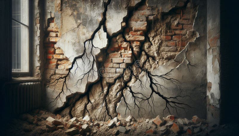Deep Crack in Old Brick Wall with Damaged Plaster Stock Illustration ...