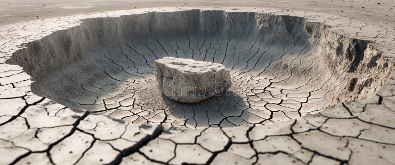 Deep Crater in Dry Ground with Cracked Surface and Stone in Center ...