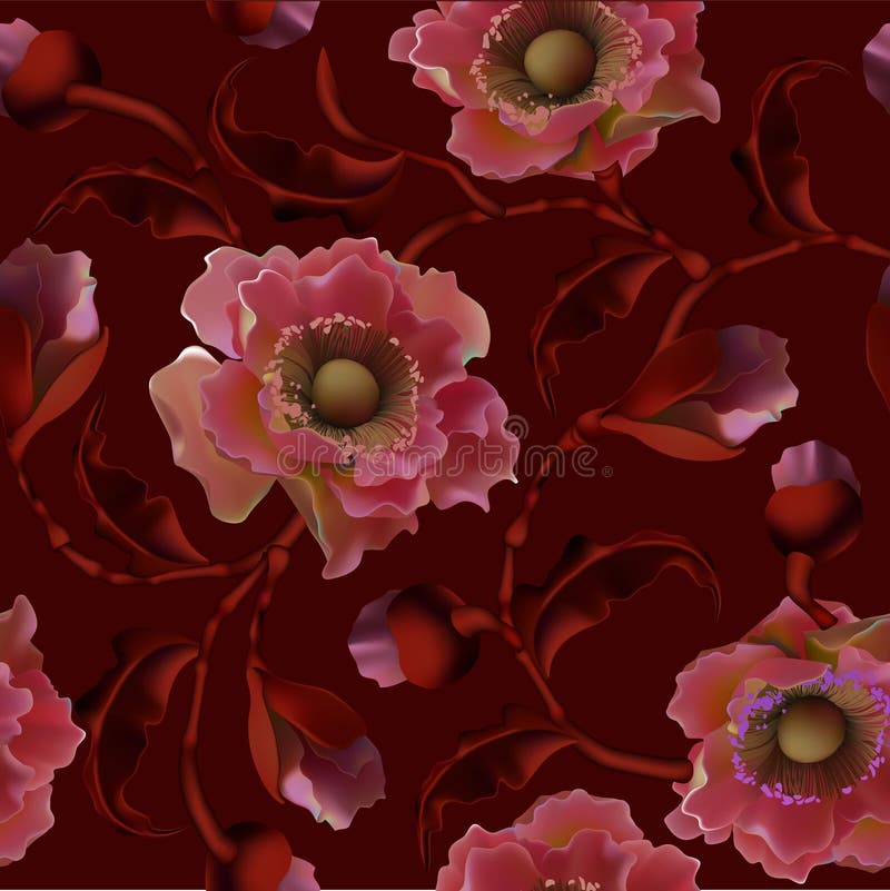 862_Deep Dark Burgundy Seamless Pattern with Flowers. Stock Vector ...