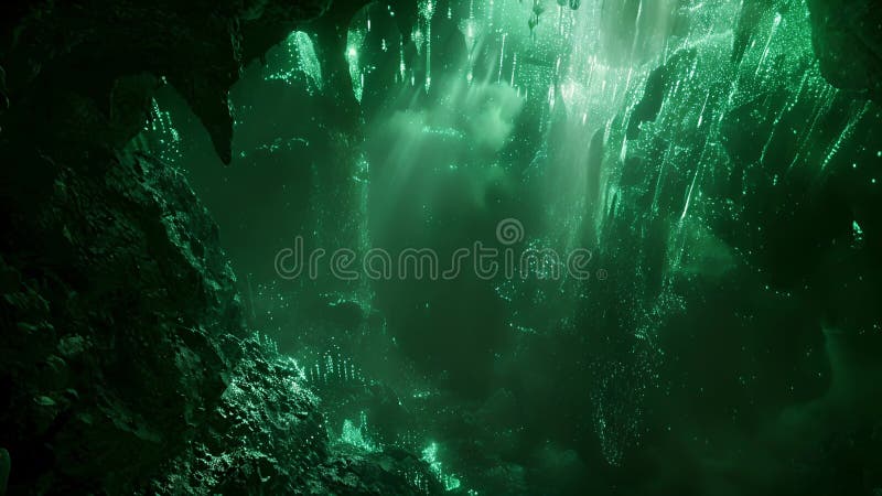 A Deep Dark Chasm Filled with Bioluminescent Creatures Emitting a Soft ...