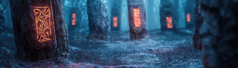 In a Deep Dark Forest, Glowing Cryptic Symbols Illuminate the Trees ...