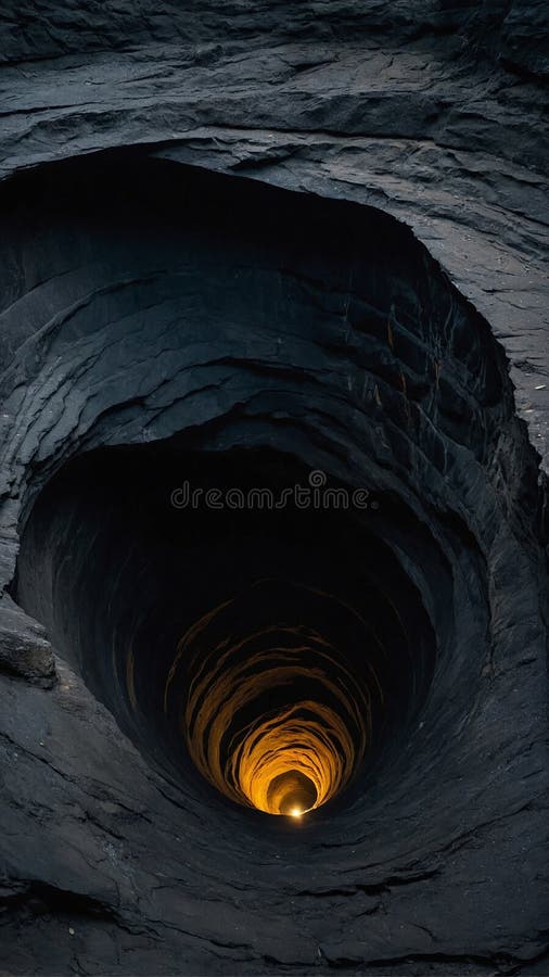 A Deep, Dark Vertical Cave with Warm Light at the Bottom, Creating an ...
