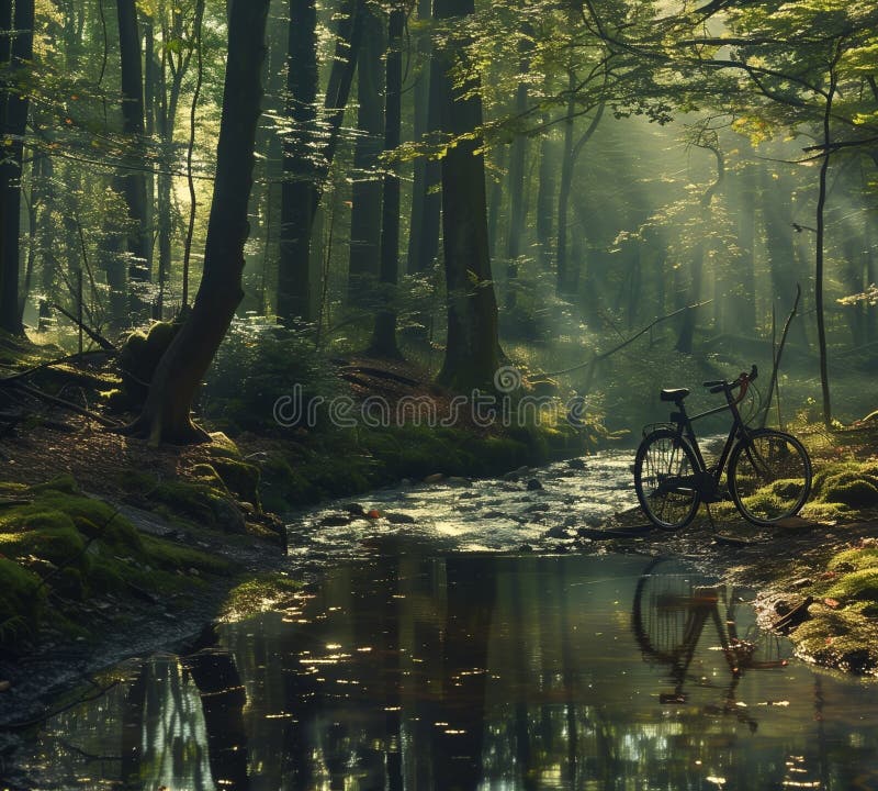 Deep within a Dense Forest, a Bicycle Stands beside a Tranquil Stream ...