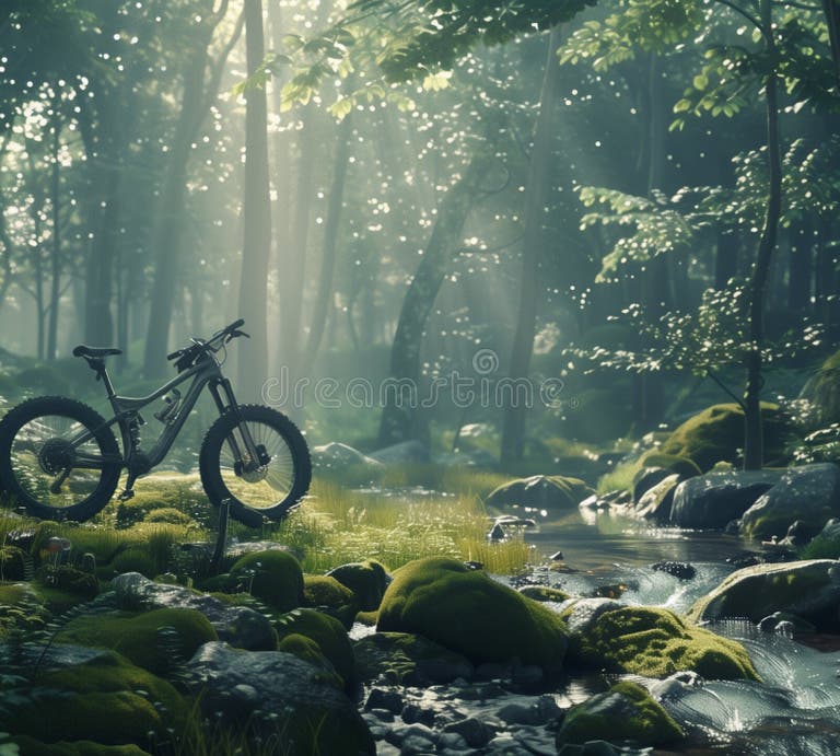 Deep within a Dense Forest, a Bicycle Stands beside a Tranquil Stream ...