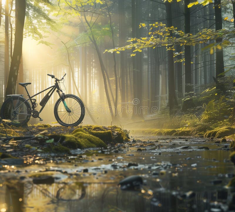 Deep within a Dense Forest, a Bicycle Stands beside a Tranquil Stream ...