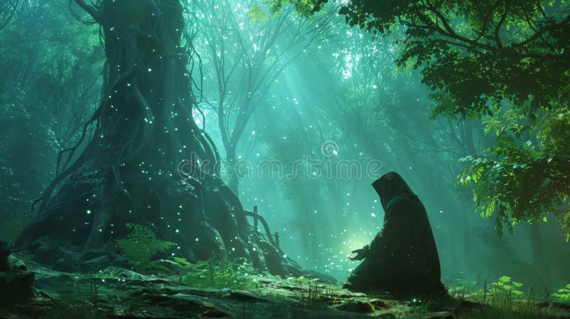 Deep in a Dense Mystical Forest a Hooded Figure Kneels before a ... Deep in a Dense Mystical Forest a Hooded Figure Kneels before a ...