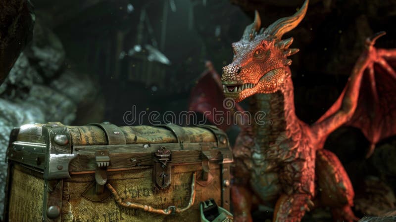 Deep in the Depths of a Dark Cavern a Dragon Guards a Treasure Chest ...