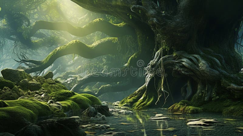 Deep Forest. Fantasy Backdrop. Concept Art. Realistic Illustration ...