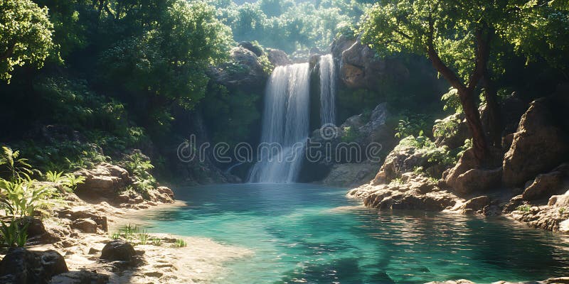 Deep Forest with a Hidden Waterfall Cascading into a Serene Pool for ...