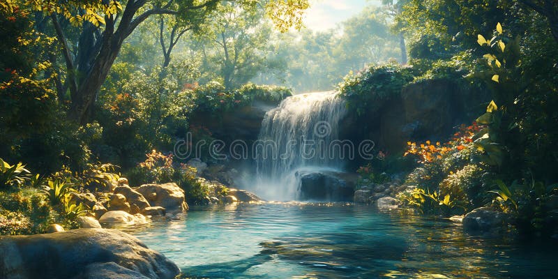 Deep Forest with a Hidden Waterfall Cascading into a Serene Pool for ...