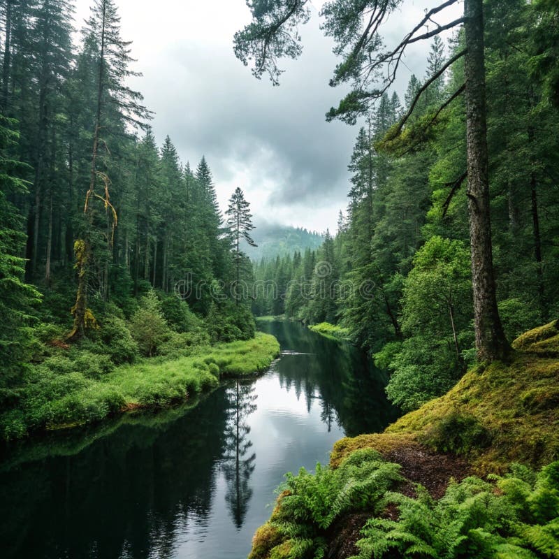 Deep Forest River Landscape Stock Illustration - Illustration of forest ...