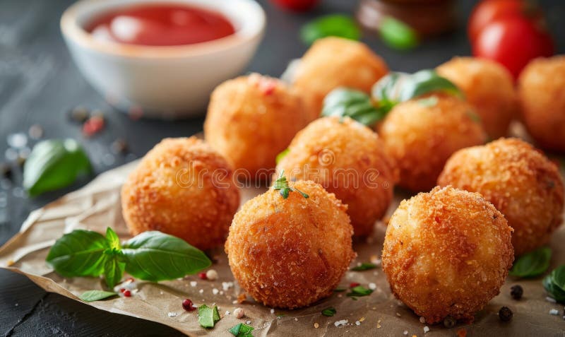 Deep Fried Arancini Balls on Rustic Background - Traditional Italian ...