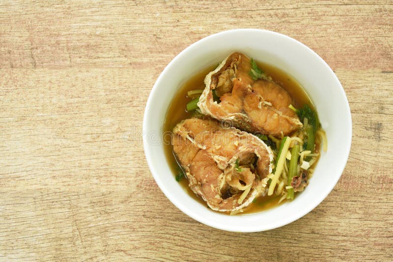 Deep Fried Bass Fish Slice Dressing Soy Sauce and Spring Onion on Bowl ...