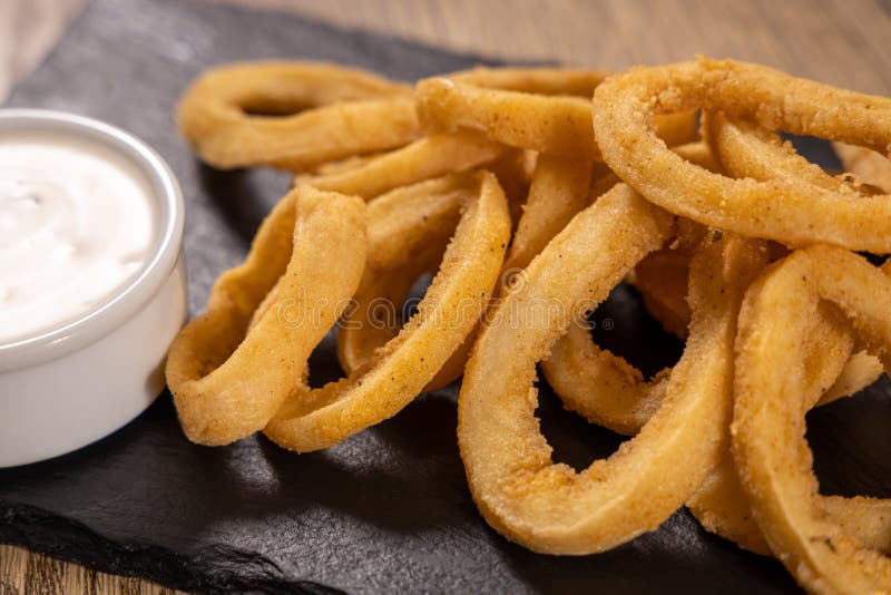 Deep Fried Calamari Rings, Squid Rings with Sauce Stock Image - Image ...