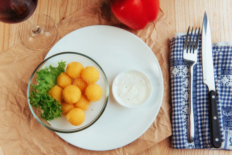 Deep Fried Cheese Balls with Lettuce and Sauce Stock Image - Image of ...