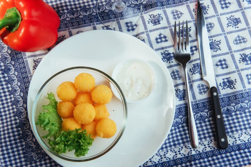 Deep Fried Cheese Balls with Lettuce and Sauce Stock Photo - Image of ...